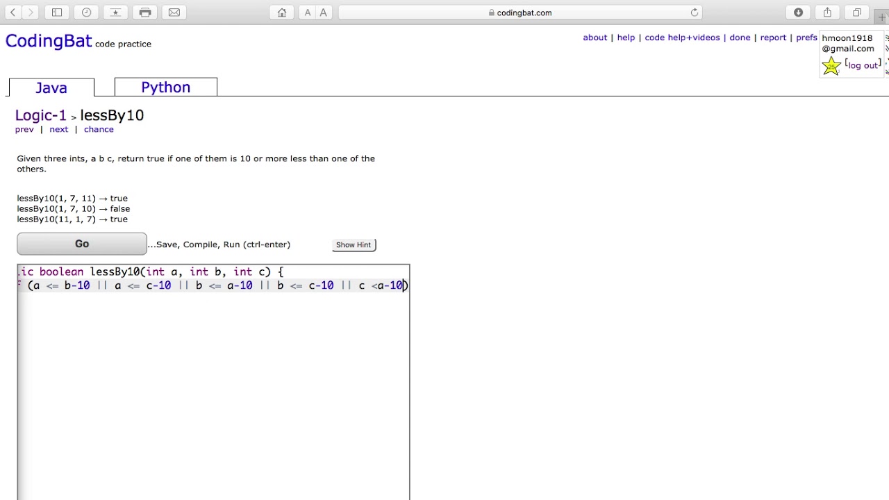 Logic 1 Lessby10 Java Tutorial Codingbat Com Youtube