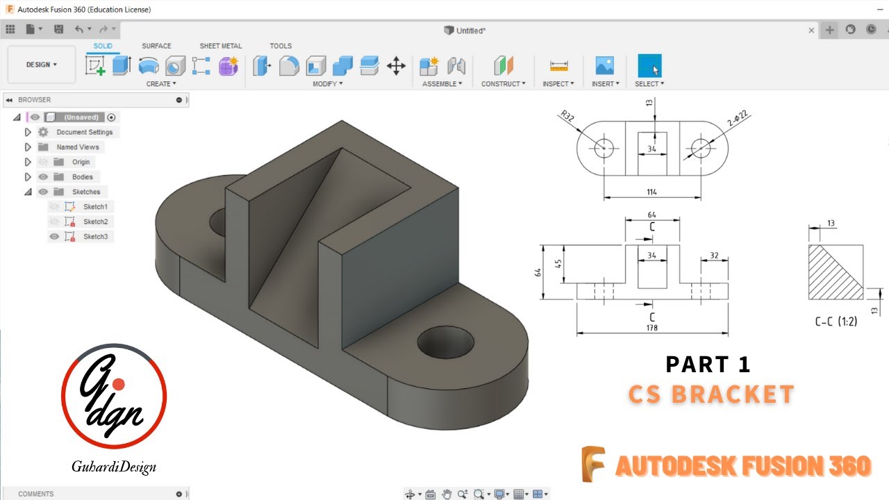 Latihan 1 Cs Bracket Autodesk Fusion 360 Youtube