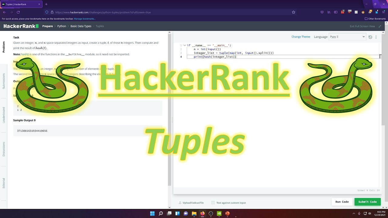 Hackerrank Python Tuples Youtube