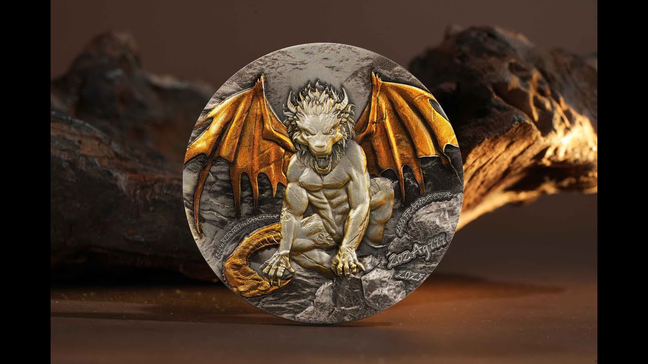 2025 Cameroon 2 Ounce Neo Manticore High Relief 24k Gilded Silver Coin