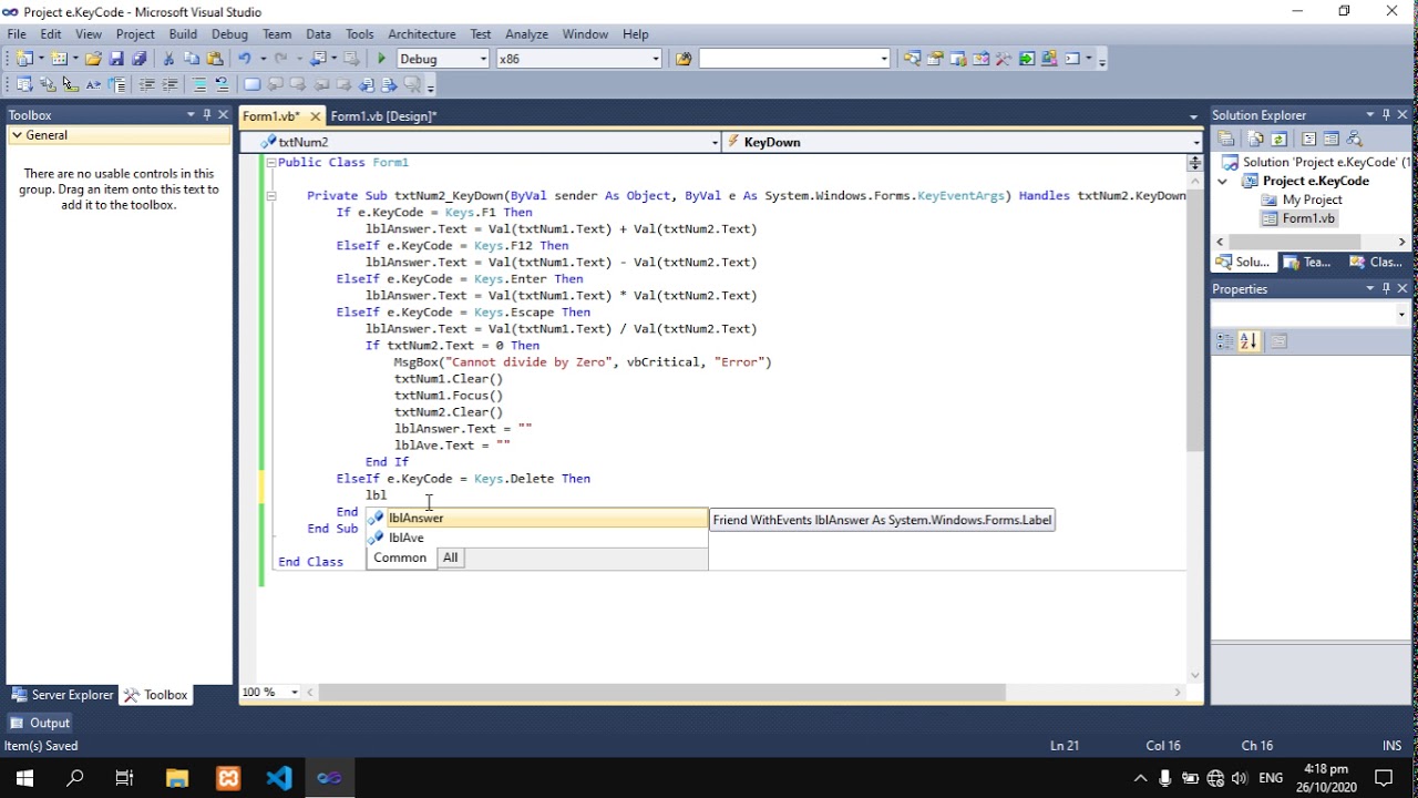 Event Key Code E Keycode Function In Visual Basic Using Visual Studio