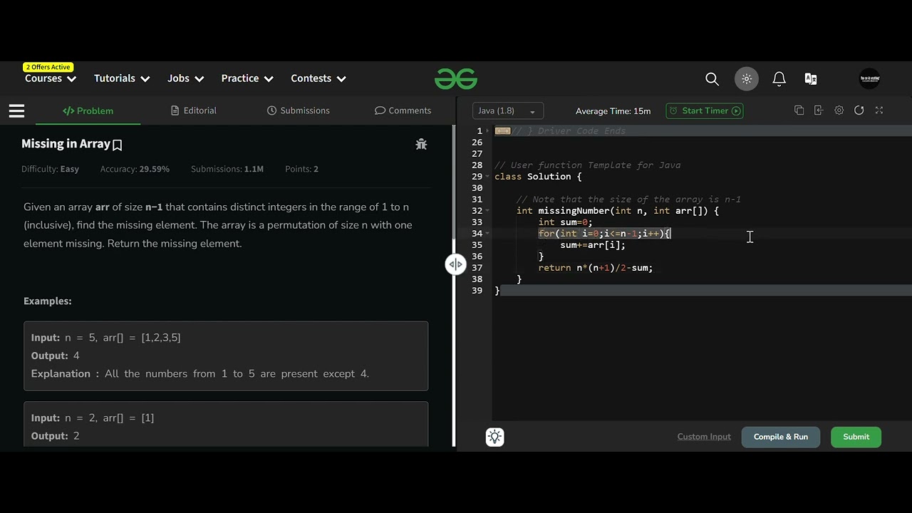 Missing In Array Gfg Problem Youtube
