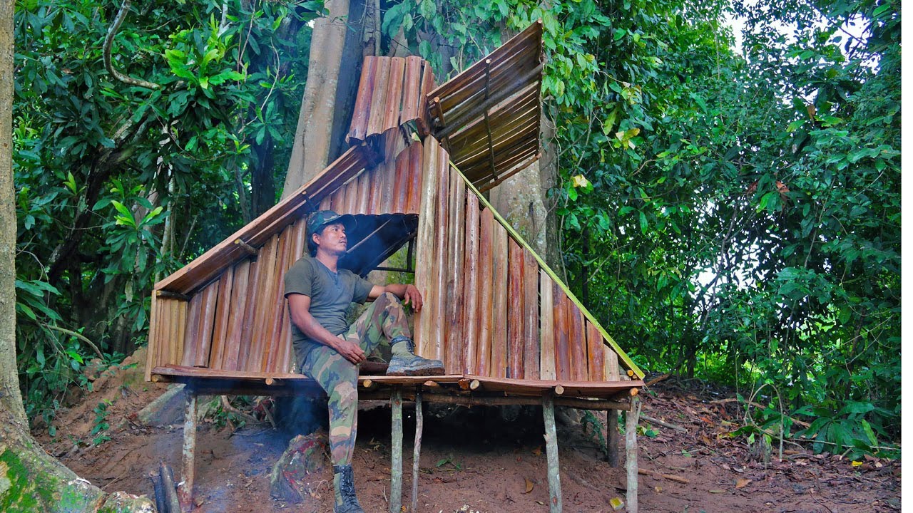 3days Building Most Creative Bushcraft Solo Shelter Camping Part I