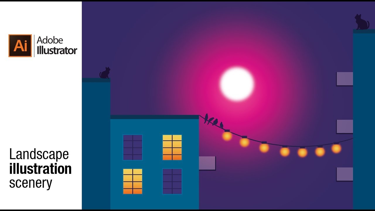 Landscape Night Scene Vector Illustration For Beginners Flat Design