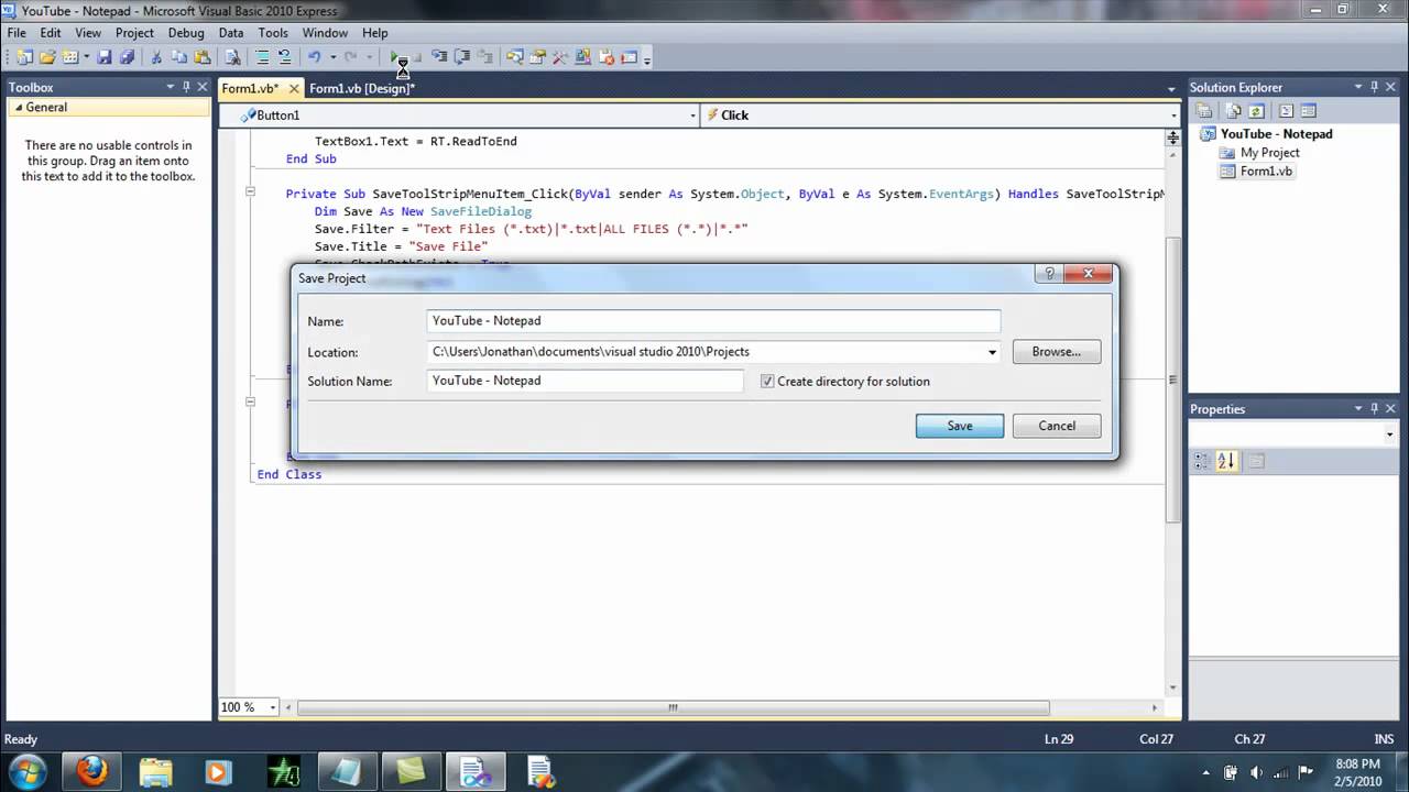 Visual Basic 2010 Tutorial Notepad Youtube