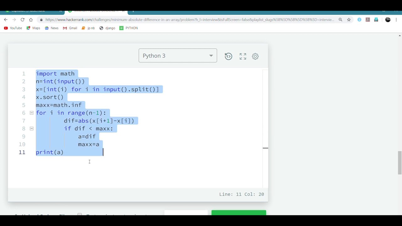 Minimum Absolute Difference In An Array Hackerrank Youtube