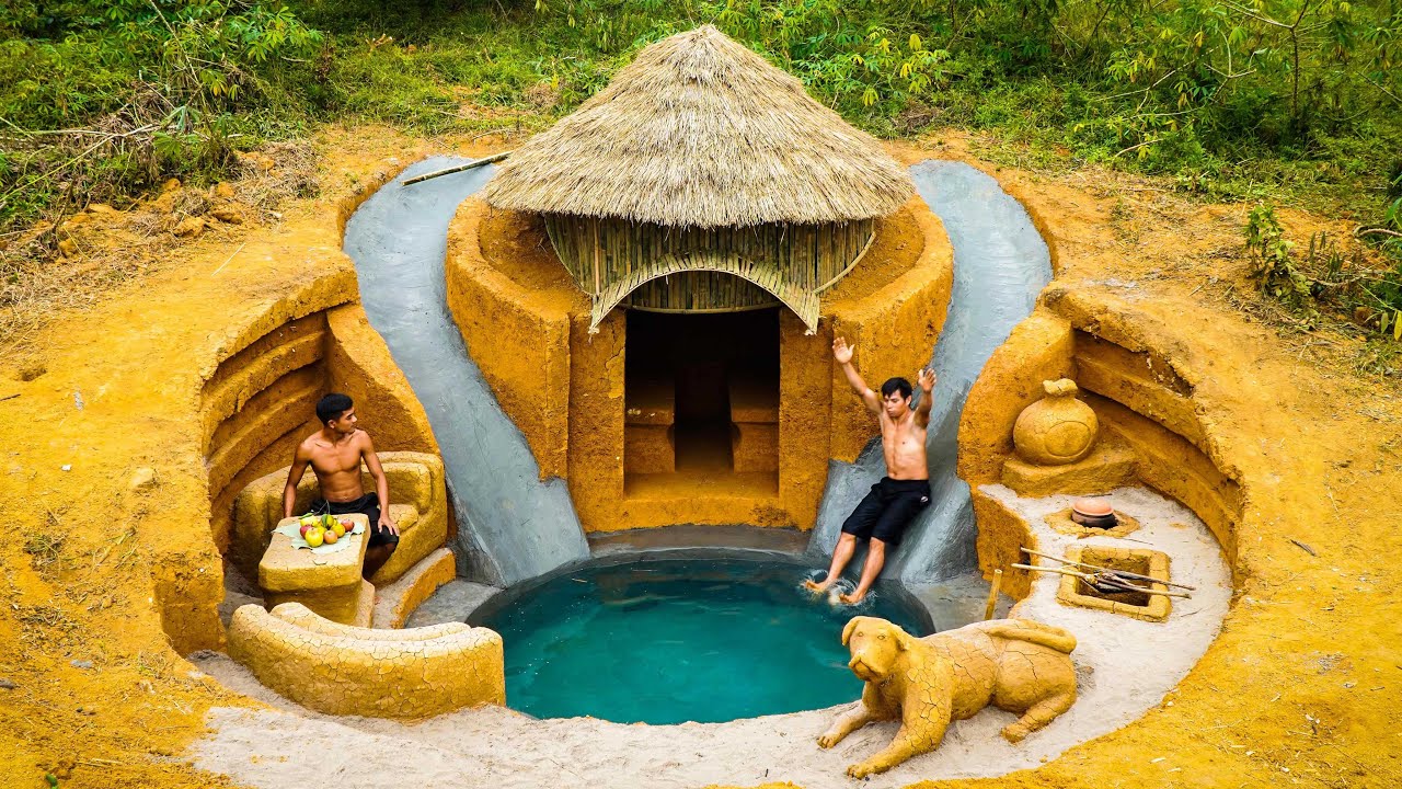 Build Modern Underground House With Water Slide To Underground Swimming
