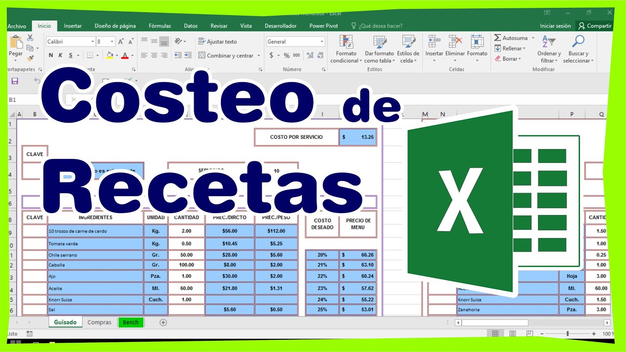 Costo De Recetas Estándar En Excel De Menú De Restaurante Marco S A