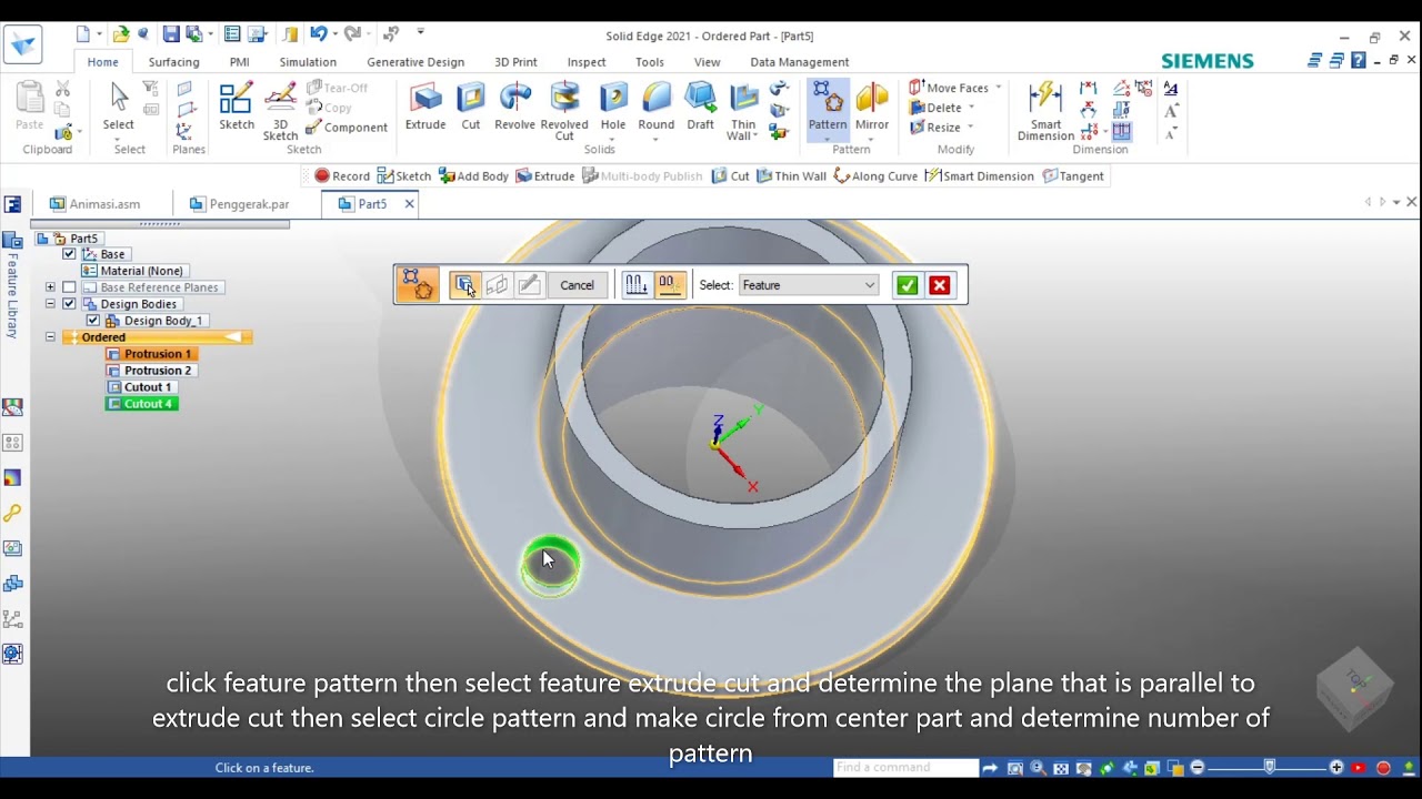 Solid Edge 2021 Tutorial Circullar Pattern Youtube