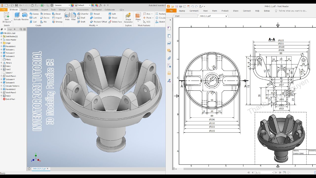 Autodesk Inventor 2021 Tutorial E18 3d Modeling Practice 2 Youtube