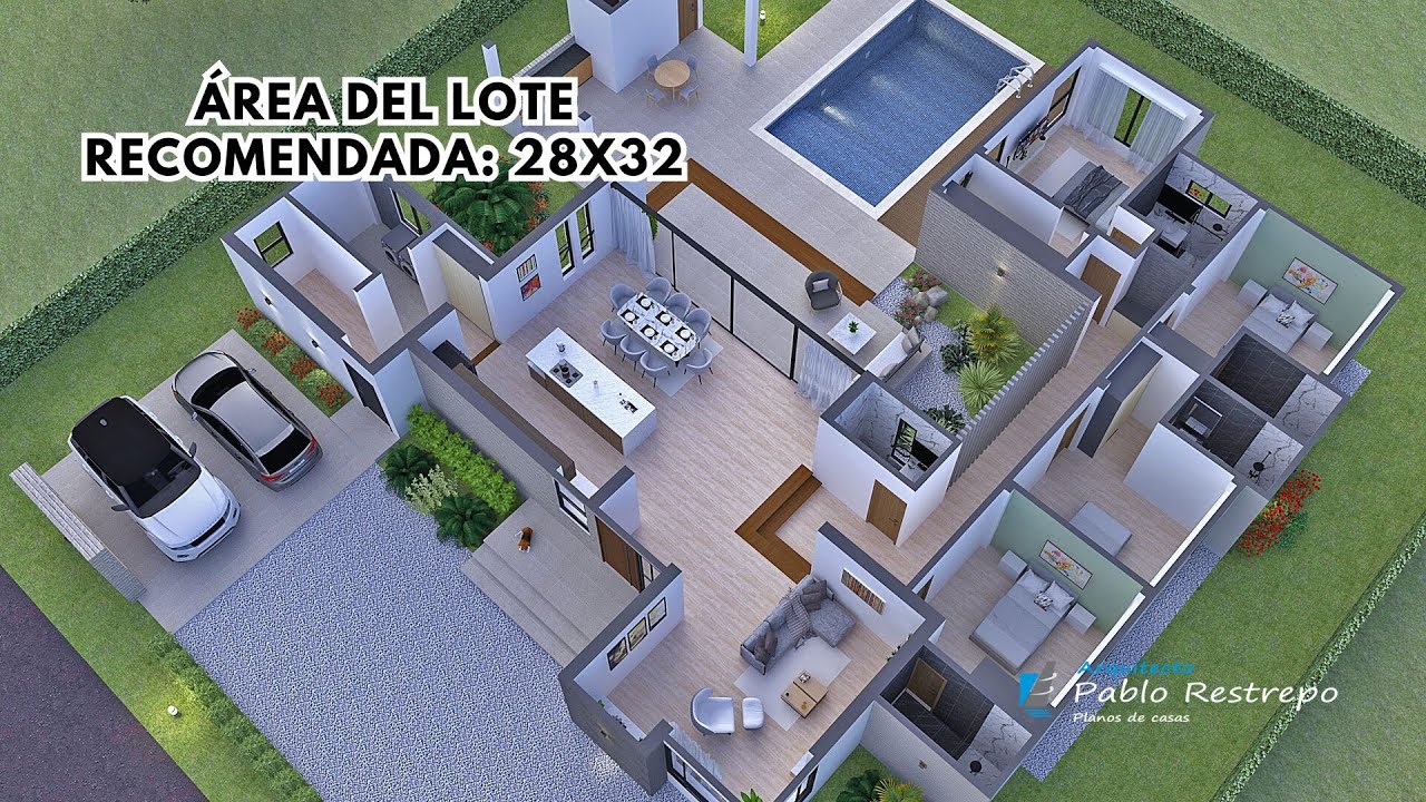 Planos Casa Campestre Moderna En Un Piso 4 Hab Diseño De 28x32