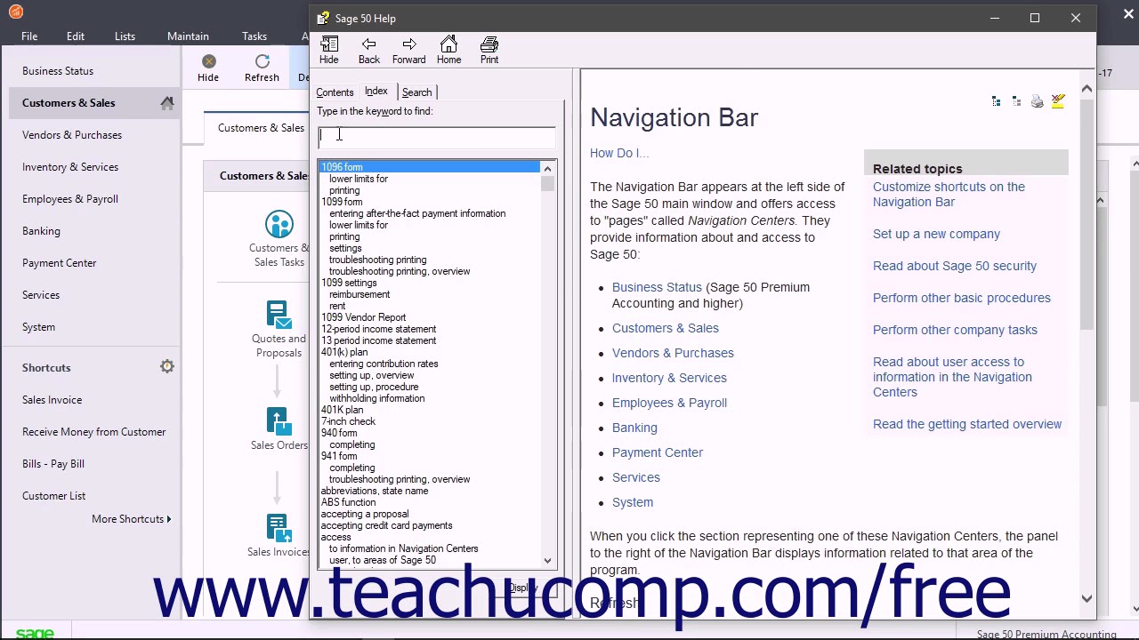 Sage 50 2018 Tutorial Using The Index Sage Training Youtube