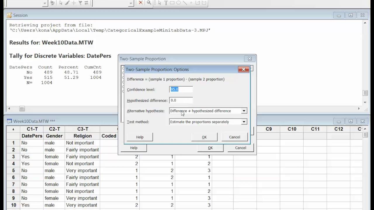 Two Proportion Minitab Example Youtube