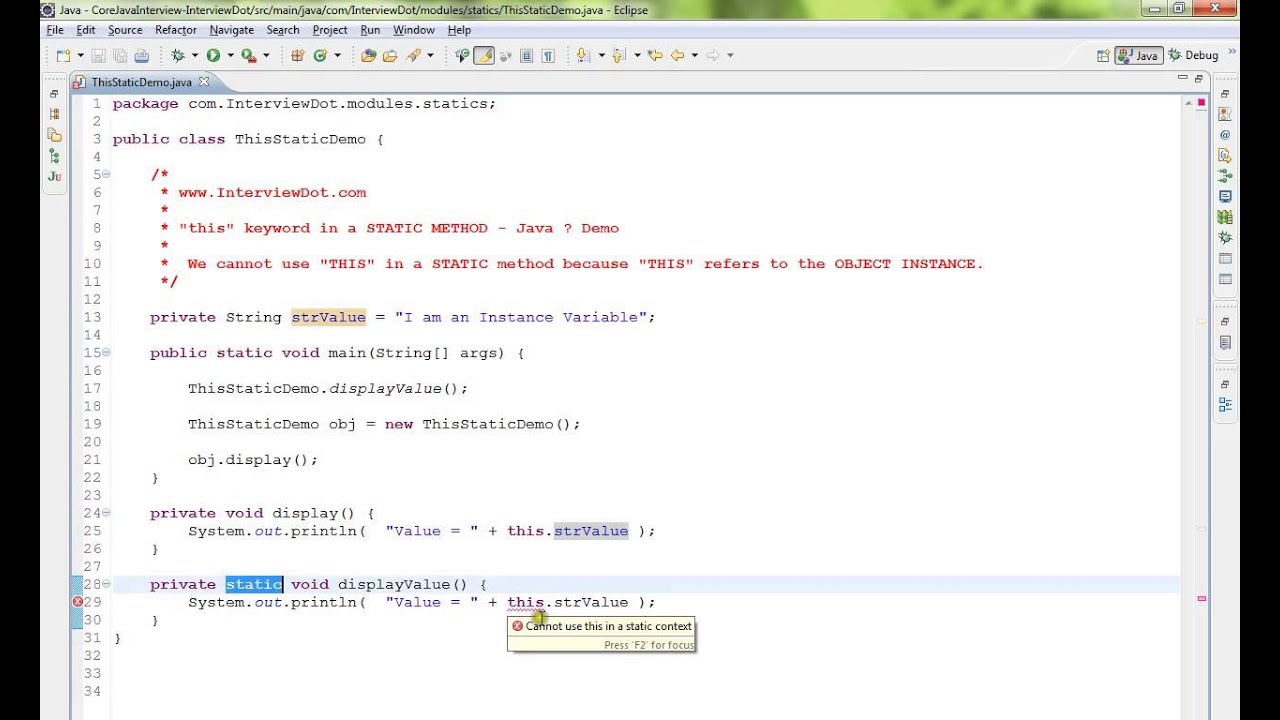 Java This Keyword In A Static Method Demo Youtube