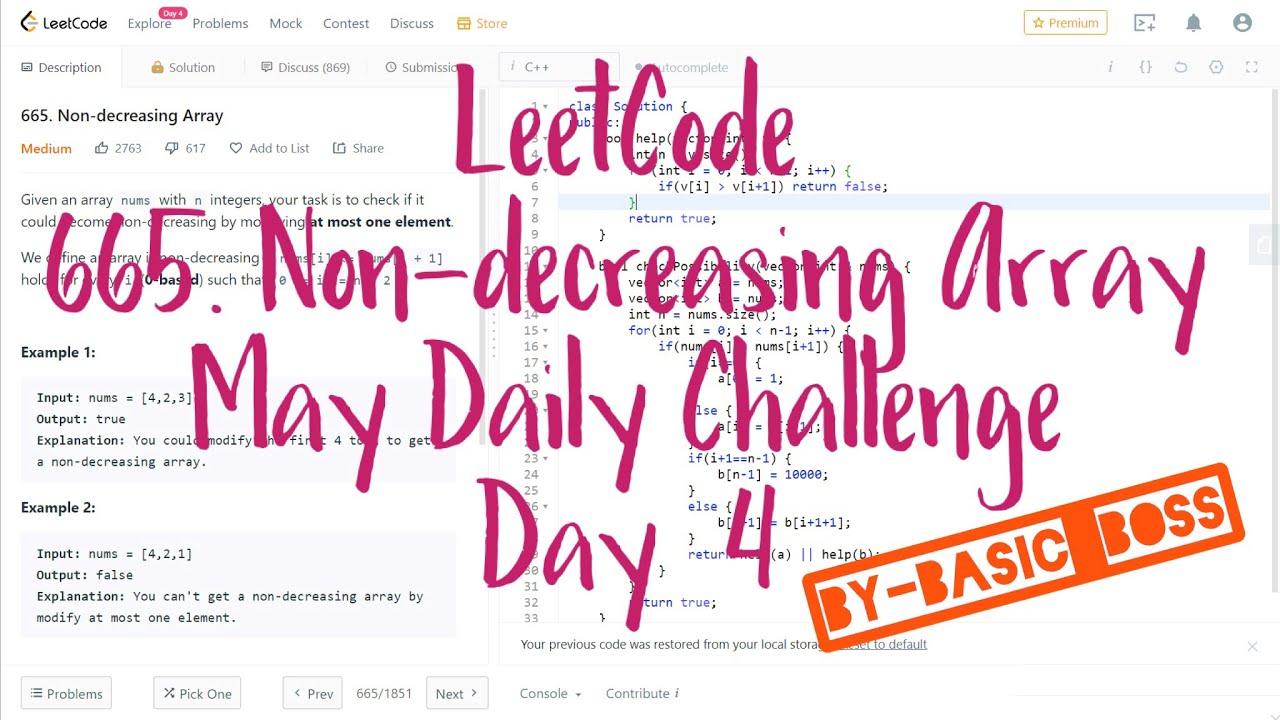 Leetcode May Challenge Day 4 665 Non Decreasing Array C