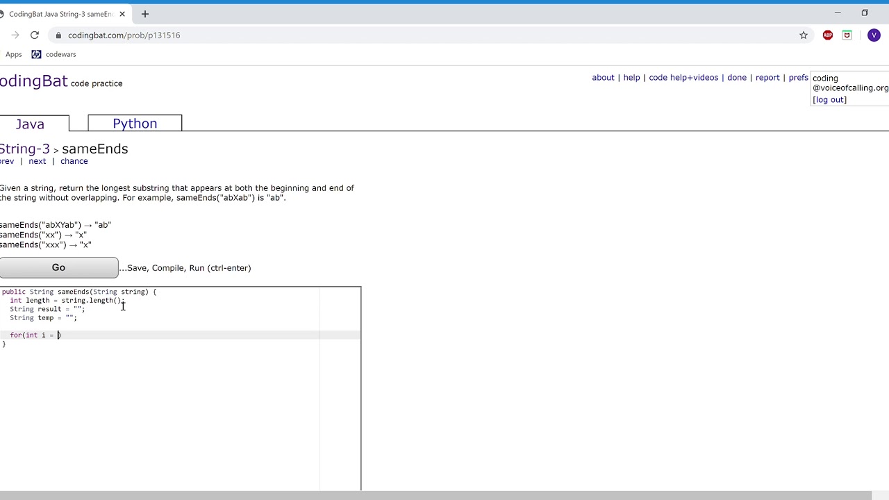 String 3 Sameends Java Tutorial Codingbat Youtube
