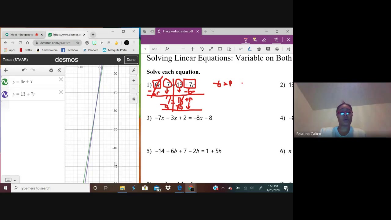 How To Solve Equations With Variables On Both Sides Using Desmos Youtube