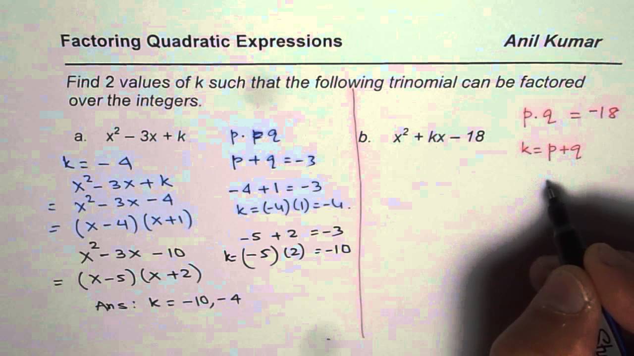 Find Values Of K To Factor Trinomial Over Integers Youtube