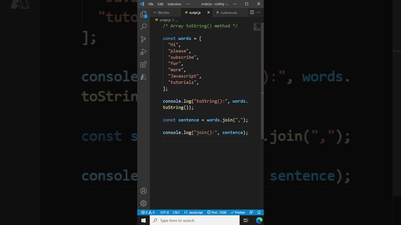 Javascript Array Tostring Method Javascript Tutorial Youtube