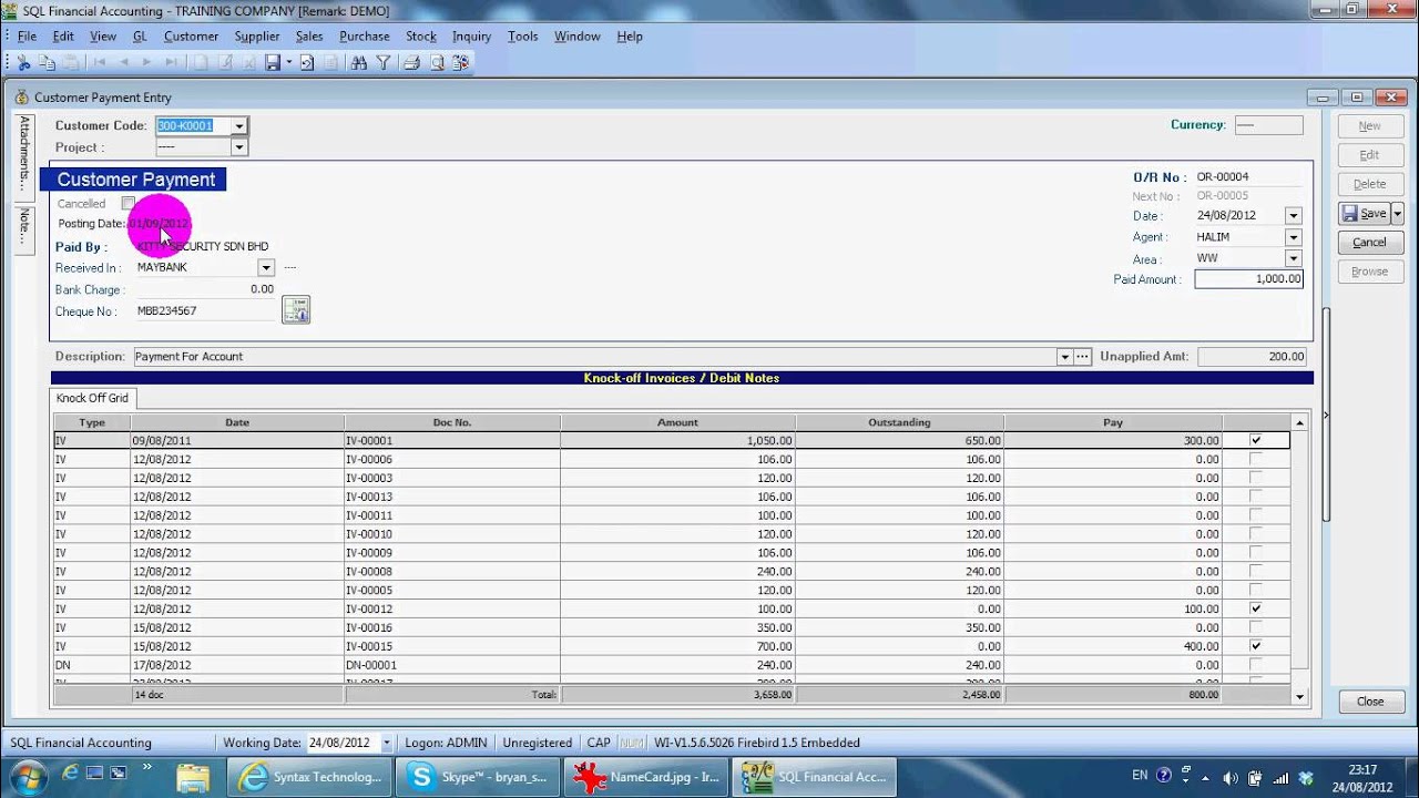 A022 Customer Payment Sql Accounting Software Youtube