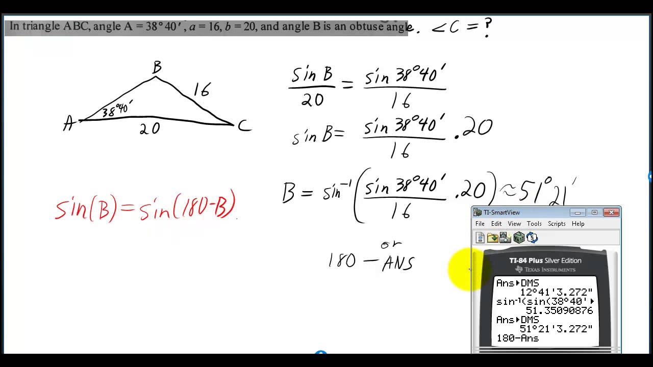 Law Of Sines Solving For The Obtuse Angle Youtube