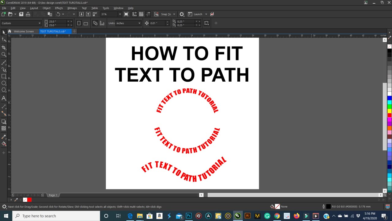 Corel Draw 2019 Fit Text To Path Tutorial Youtube