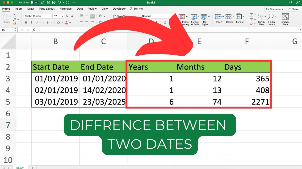 How To Calculate Difference Between Two Dates In Excel Youtube