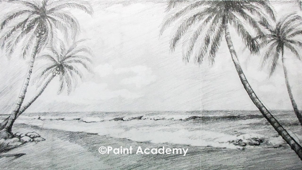 How To Draw A Beach Landscape With Pencil Youtube