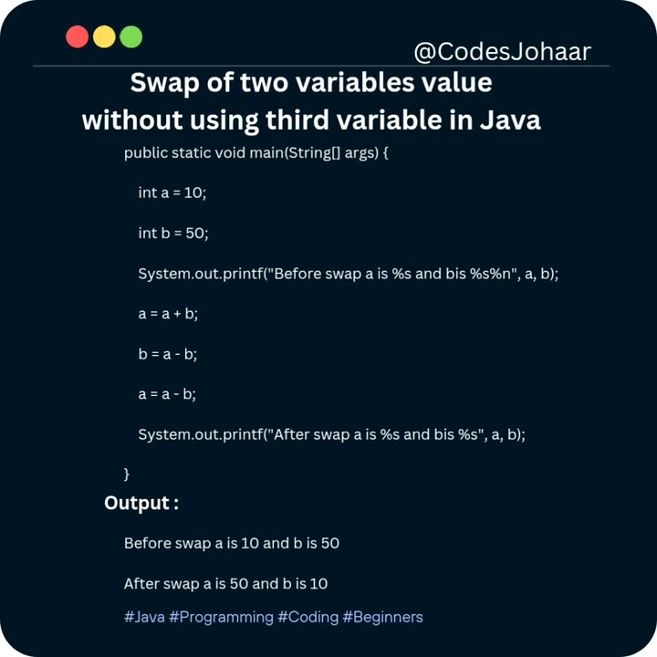 Swap Two Variables Without Using Third Variable Javatutorial