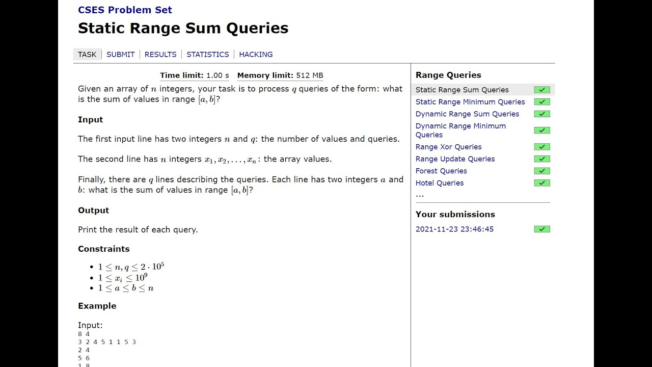 Static Range Sum Queries Cses Range Queries Youtube