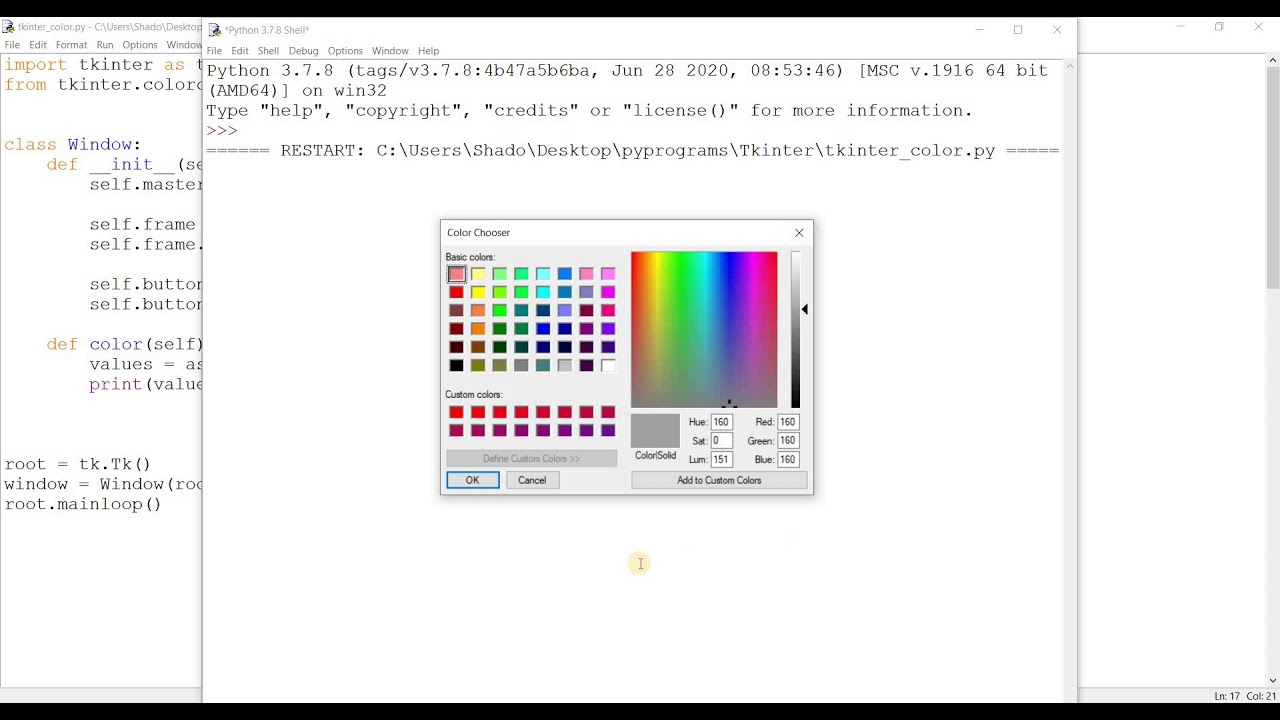 Tkinter Tutorial Picking A Color With The Tkinter Color Chooser Youtube