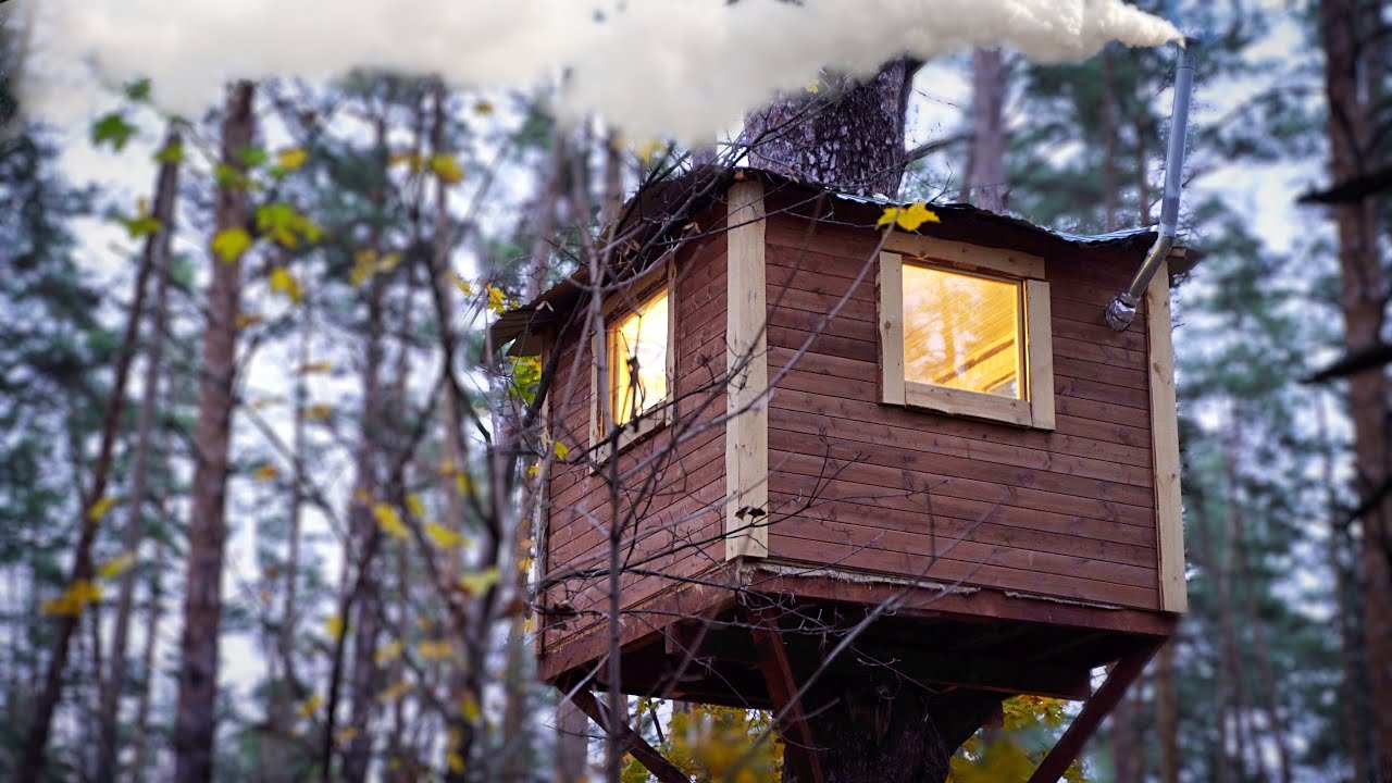 Building An Incredible Treehouse In The Middle Of A Dense Autumn Forest