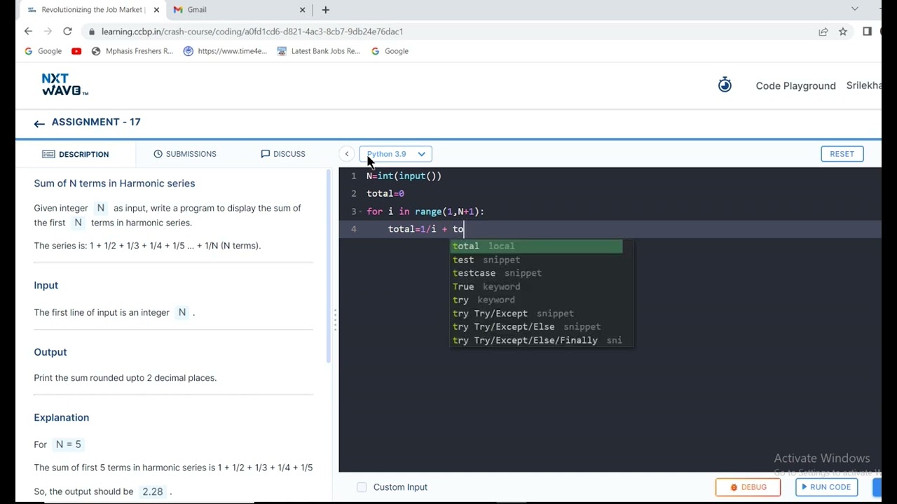 Assignment17 Harmonic Series Python Nxt Wave Youtube