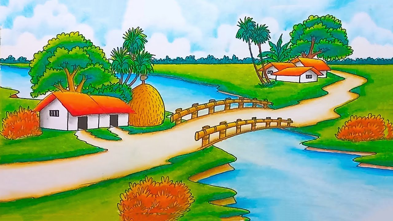 How To Draw A Beautiful Village Scenery Easy Village House Drawing