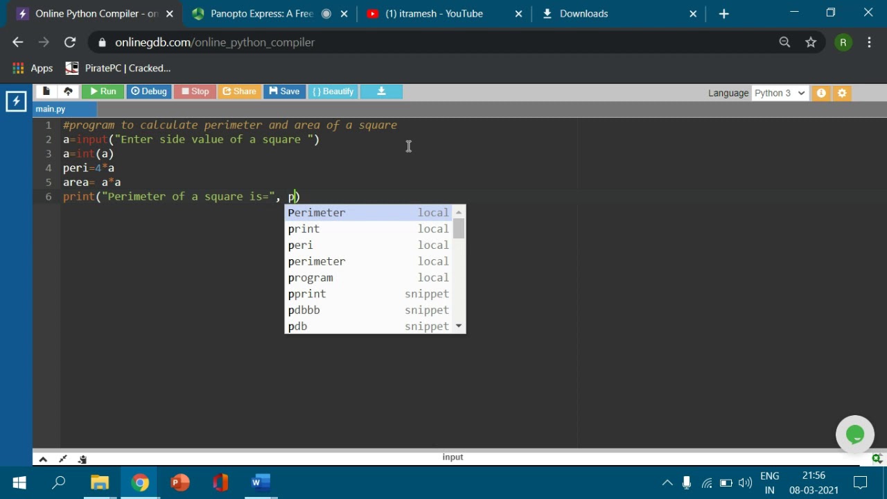 Python Program To Calculate Area And Perimeter Of A Square Youtube