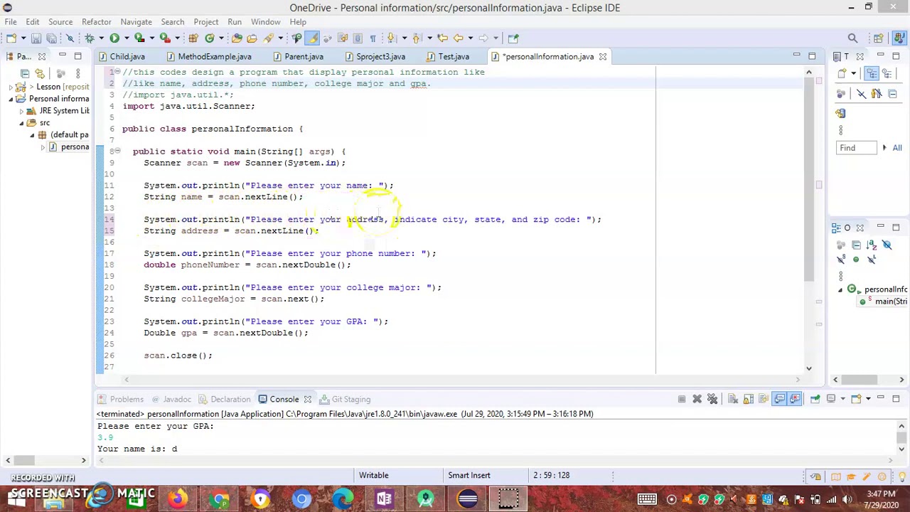 Programing Exercise 1 Personal Information With Java Youtube