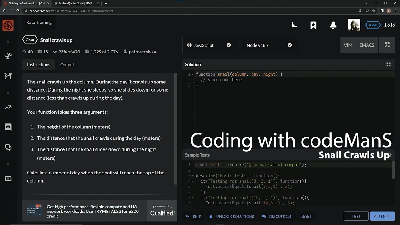 Codewars 7 Kyu Snail Crawls Up Javascript Youtube