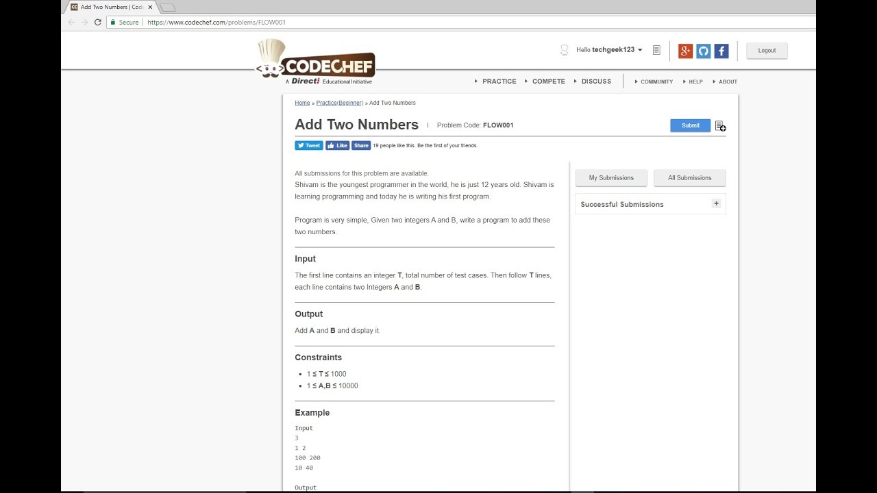 Codechef Question Add Two Numbers Flow001 Youtube