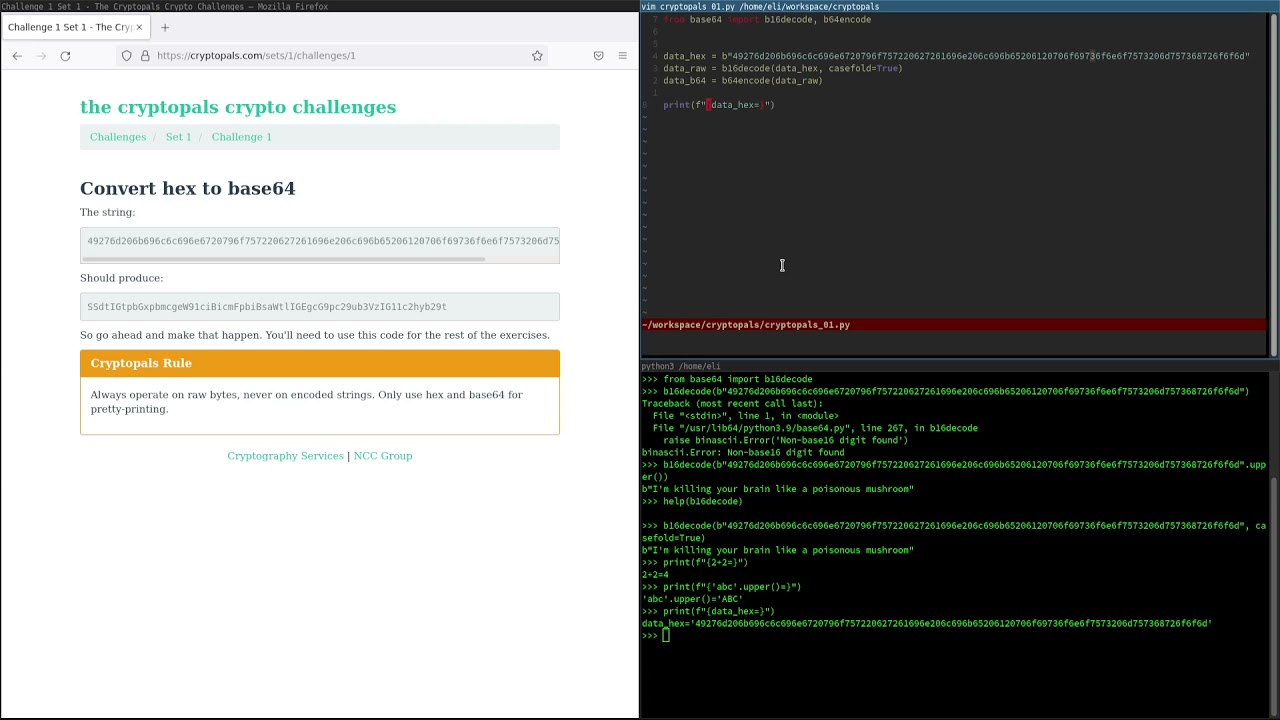 Cryptopals Guided Tour 01 Convert Hex To Base64 Youtube