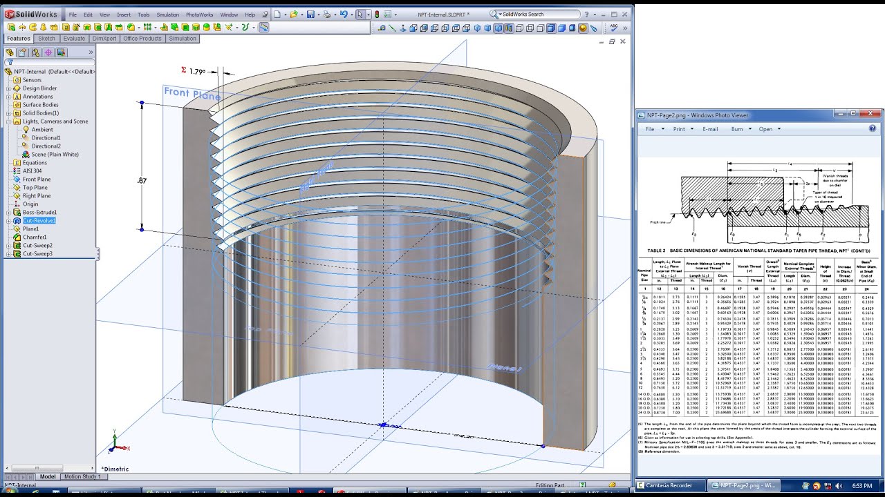 Internal Npt Thread In Solidworks Tutorial Youtube