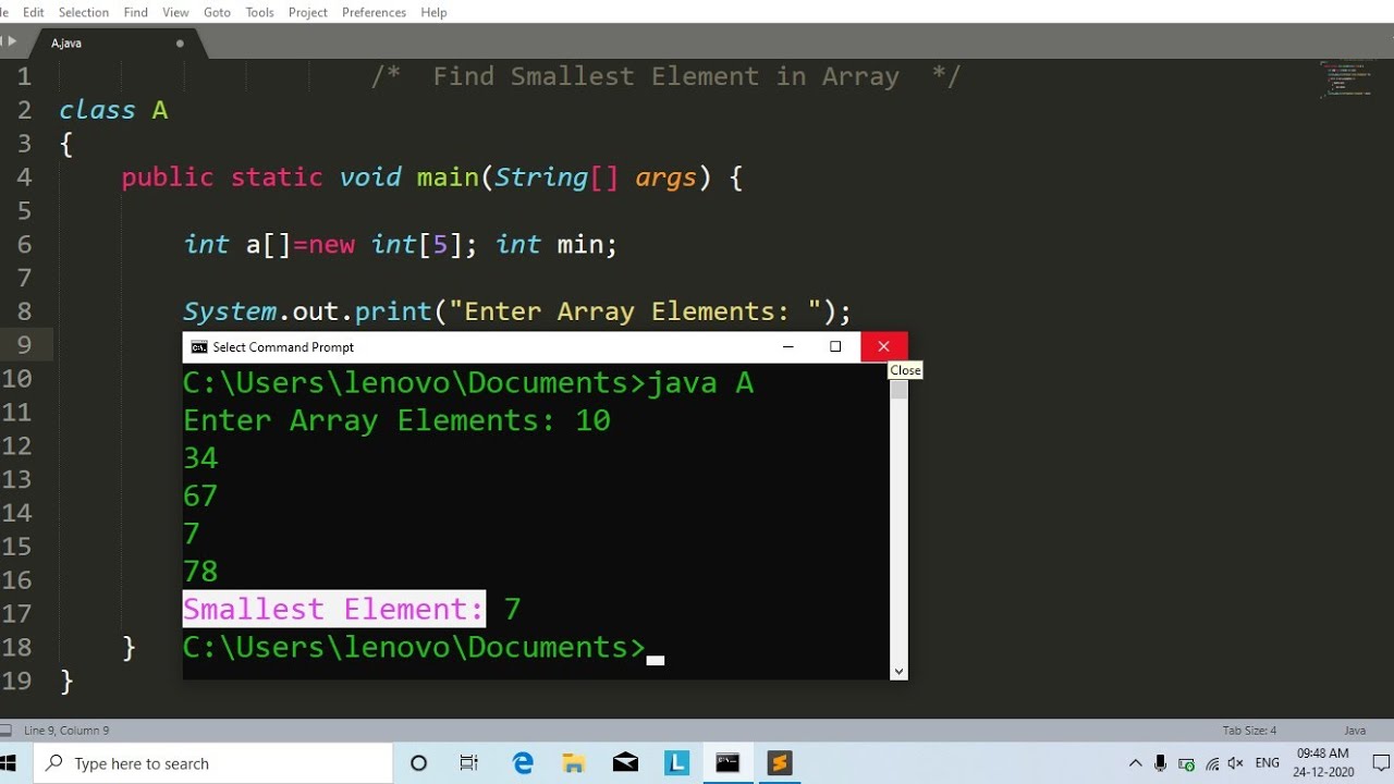 Java Program To Find Smallest Element In Array Learn Coding Youtube