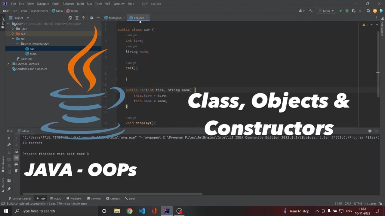 Java Oop 1 Class Objects Constructor Youtube