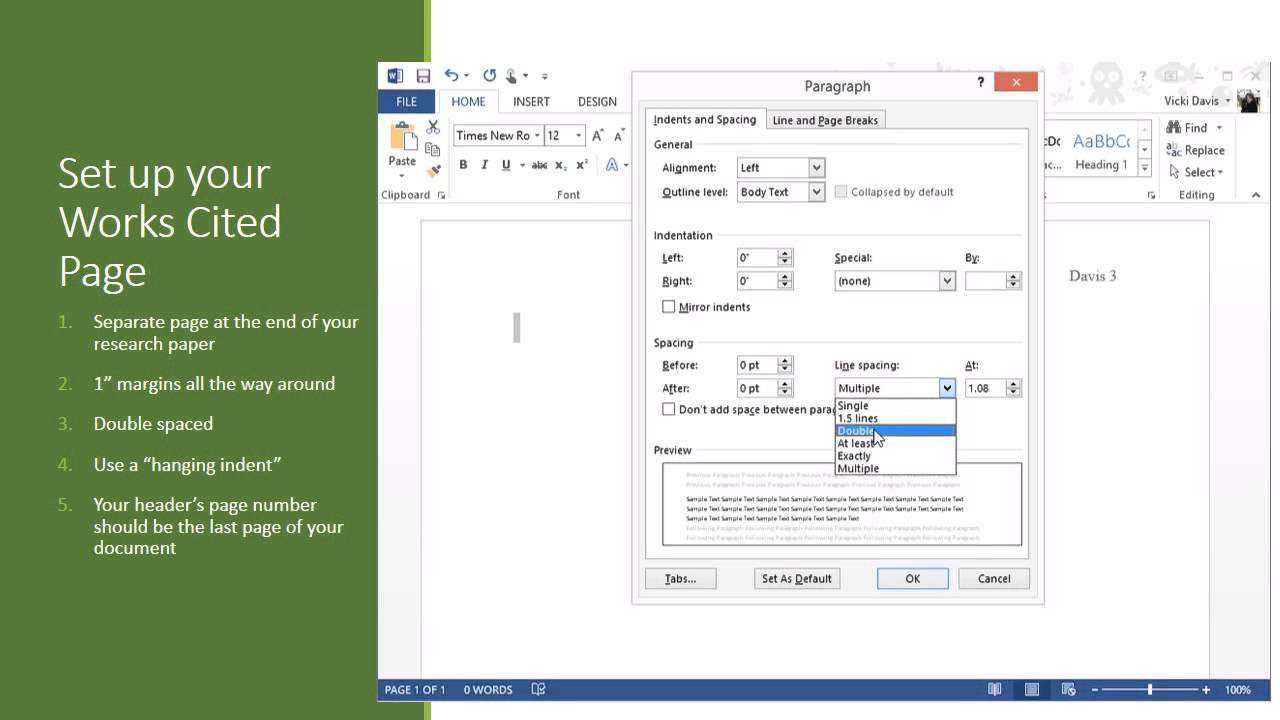 How To Format A Works Cited Page In Microsoft Word Youtube
