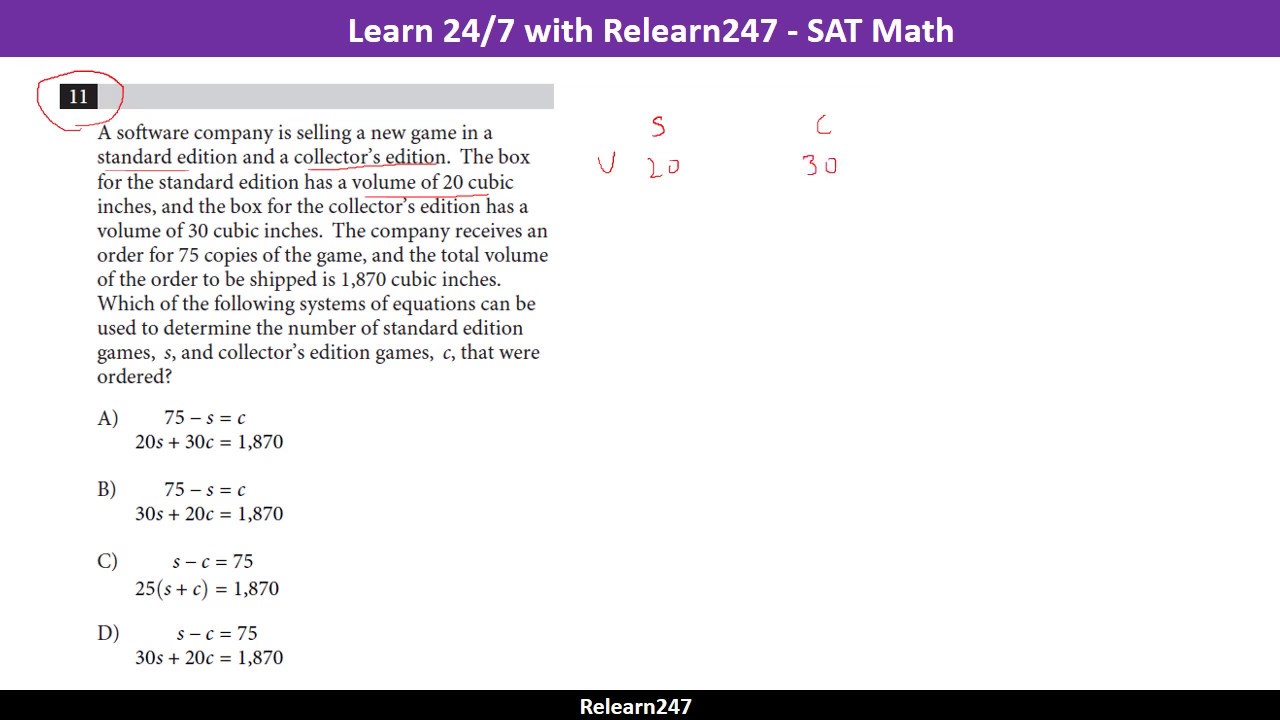 Sat Math Linear Equations Word Problems Practice Test 7 Q11 Youtube