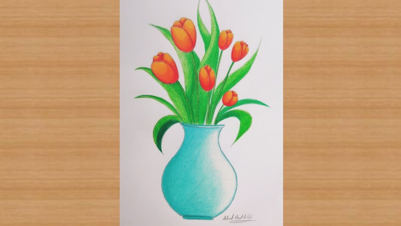 تعليم رسم فازة ورد