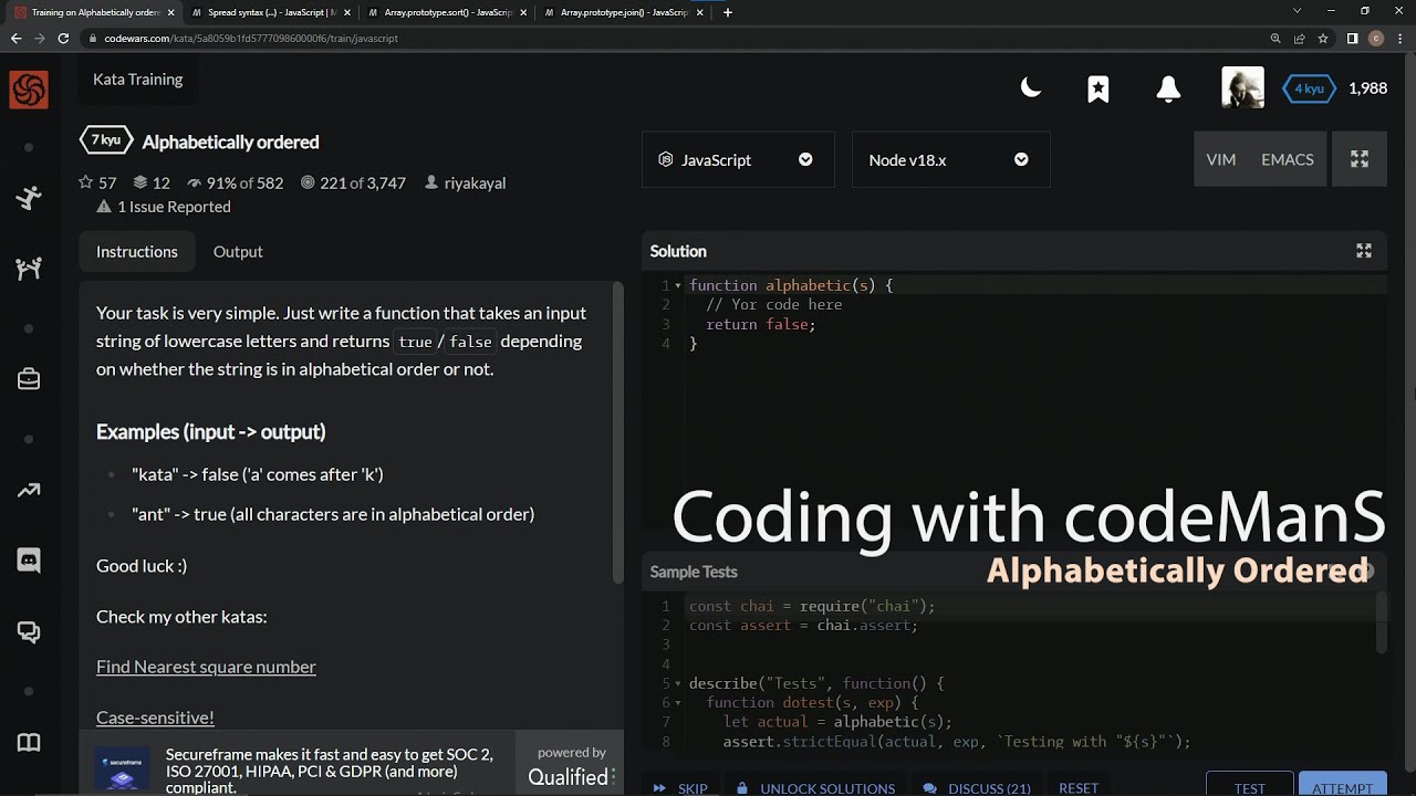 Learn Javascript Codewars 7 Kyu Season 2 Alphabetically Ordered