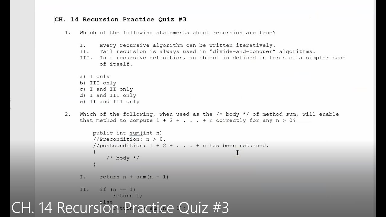 Java Lesson 140 Apcsa Ch 14 Recursion Practice Quiz 3 Youtube