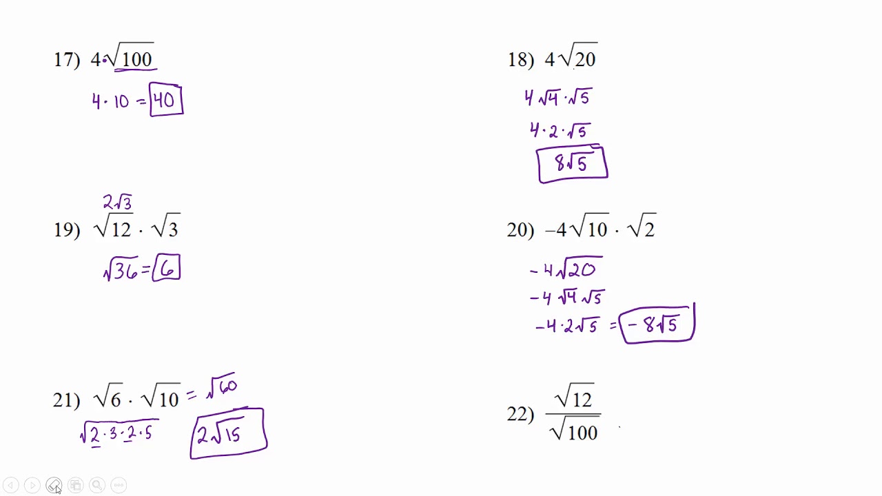 Algebra 1 Simplifying Radicals And Solving Quadratic Equations Using