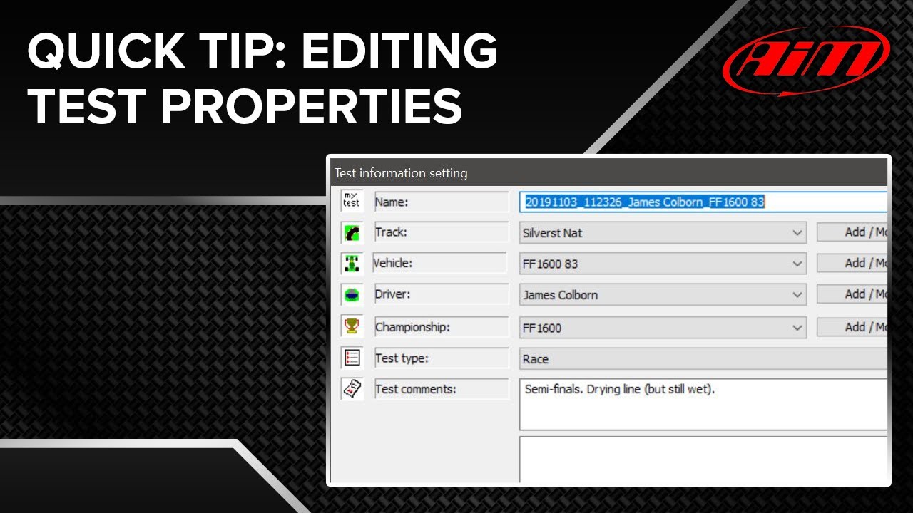 Aim Race Studio Analysis Quick Tip Editing Test Properties Youtube