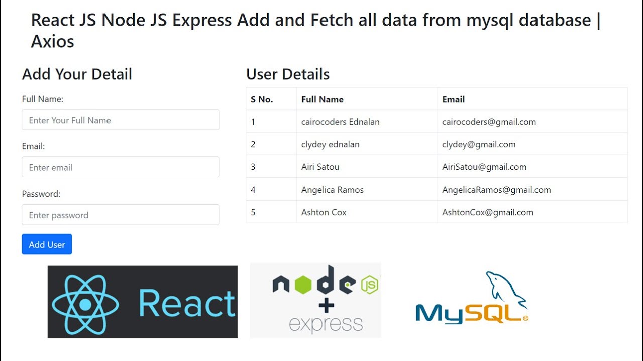 React Js Node Js Express Add And Fetch All Data From Mysql Database